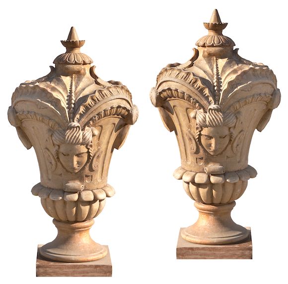 Bonhams : A good pair of Rococo style tan marble gate finials
