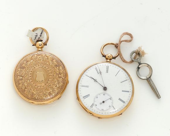 Bonhams : Two 18k gold and metal lever watches,