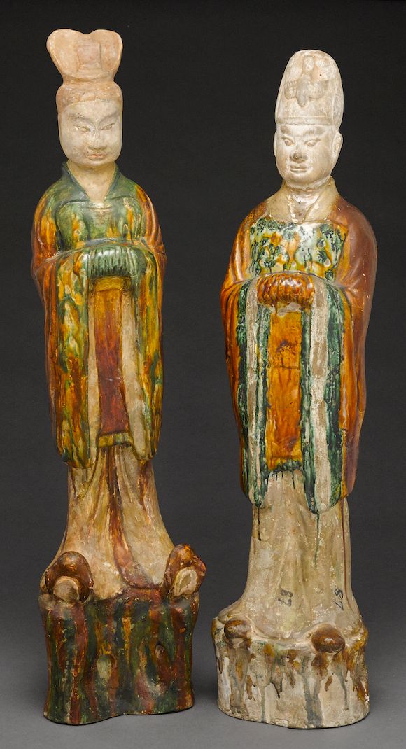 Bonhams : Two sancai glazed pottery funerary figures Tang dynasty