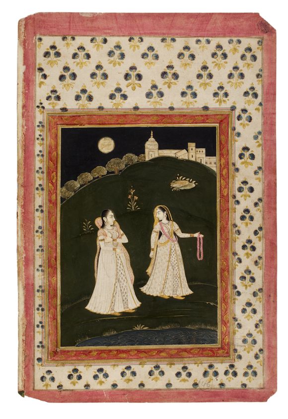 Bonhams : A double-sided manuscript page - Lovers share a wine cup; Two ...