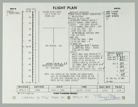 Bonhams : FLOWN APOLLO 11 FLIGHT PLAN SHEET. ALDRIN AND COLLINS RECORD ...