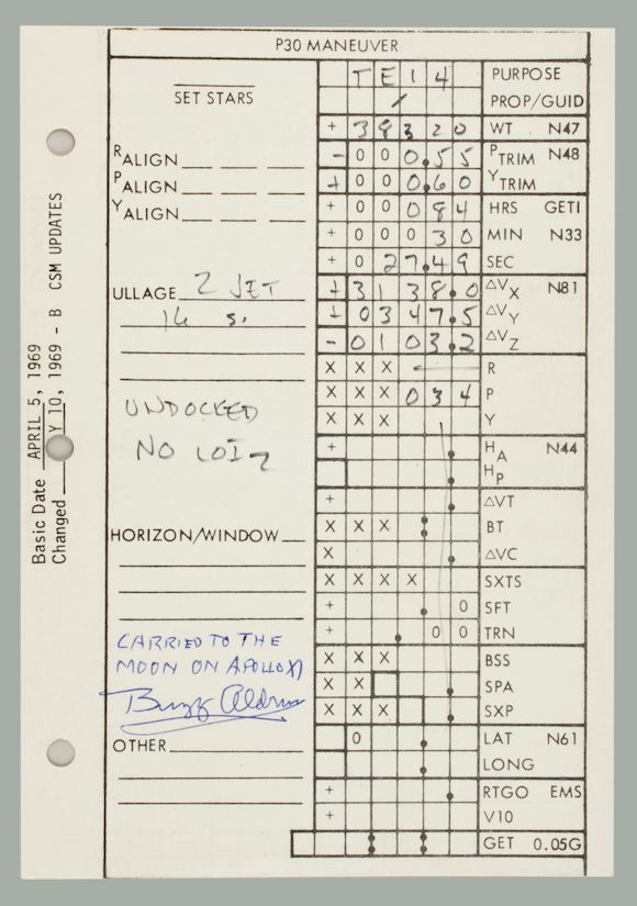 Bonhams : FLOWN APOLLO 11 CSM MANEUVER CARD. SOME OF NEIL ARMSTRONG'S ...