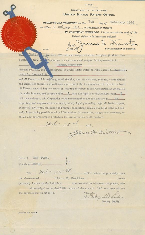 Bonhams : CURTISS' HYDRO-AIRCRAFT PATENT. 1. Printed document, 1 p, 12½ ...
