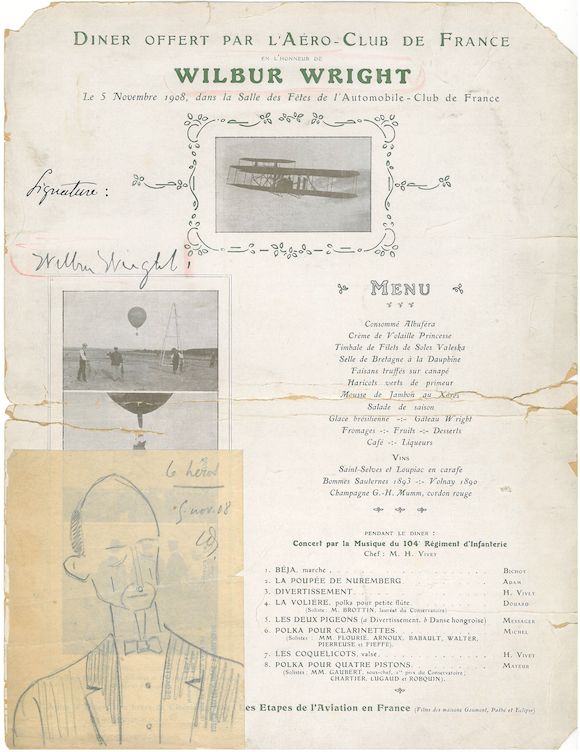 Bonhams : 1908 PARIS DINNER MENU—SIGNED BY WILBUR. Single-sheet menu ...