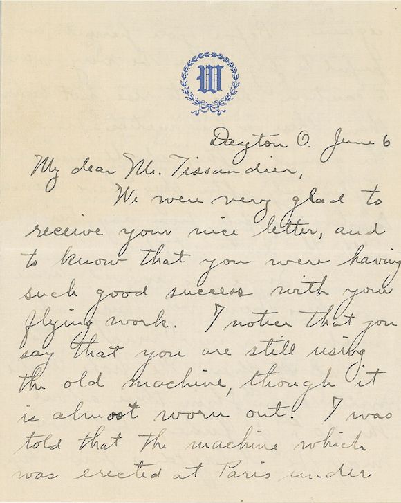 Bonhams : WILBUR WRIGHT TO PAUL TISSANDIER. "YOU WILL BE RECORDMAN OF THE WORLD!" Autograph ...