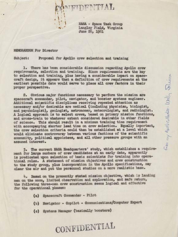 Bonhams : SCHIRRA'S APOLLO CREW SELECTION MEMO. THE BEGINNING OF THE ...