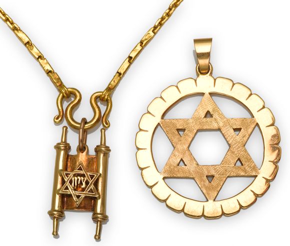 Bonhams : Two 18k gold Jewish motif pendants with a high karat gold chain