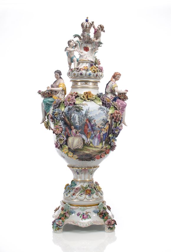 Bonhams : A Meissen style floral encrusted large covered urn on ...