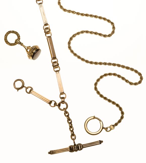 Bonhams : Two 14k gold watch chains together with a sard and 14k gold ...