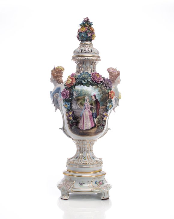 Bonhams : A Dresden painted and printed floral encrusted covered urn ...