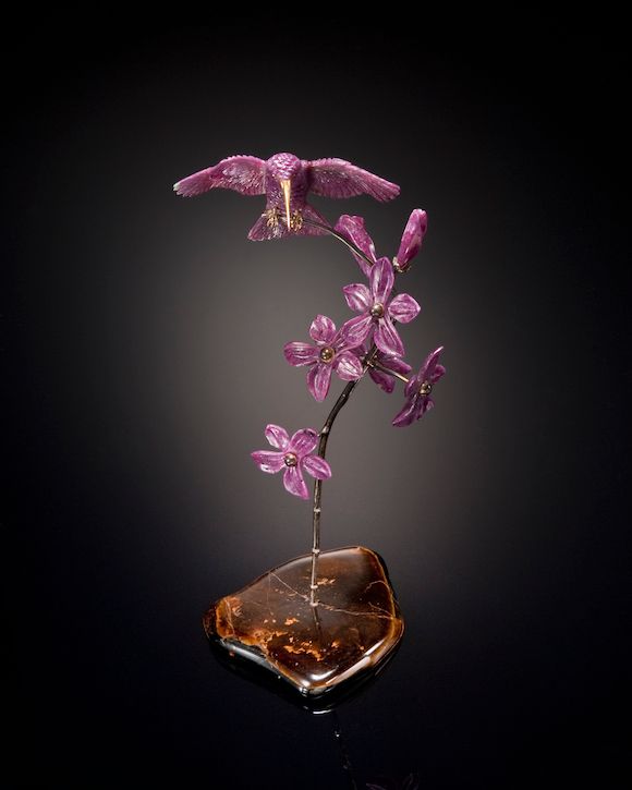Bonhams : Ruby Carving of a Hummingbird with Flowering Branch