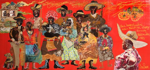 Bonhams : Joe Sam (American, born 1939) Black Homesteaders 35 1/2 x 74 ...