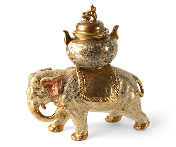 Bonhams : A Japanese satsuma style glazed earthenware elephant-form ...
