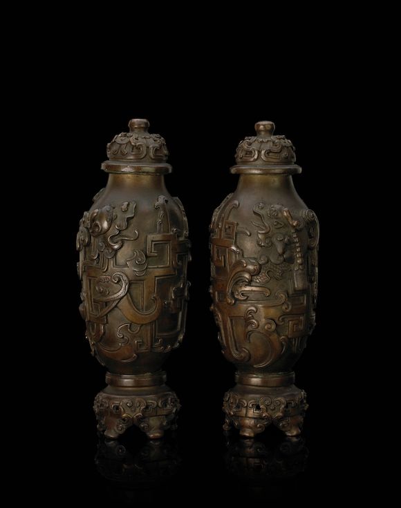 Bonhams : A pair of bronze covered ovoid vases Qianlong marks, 18th ...