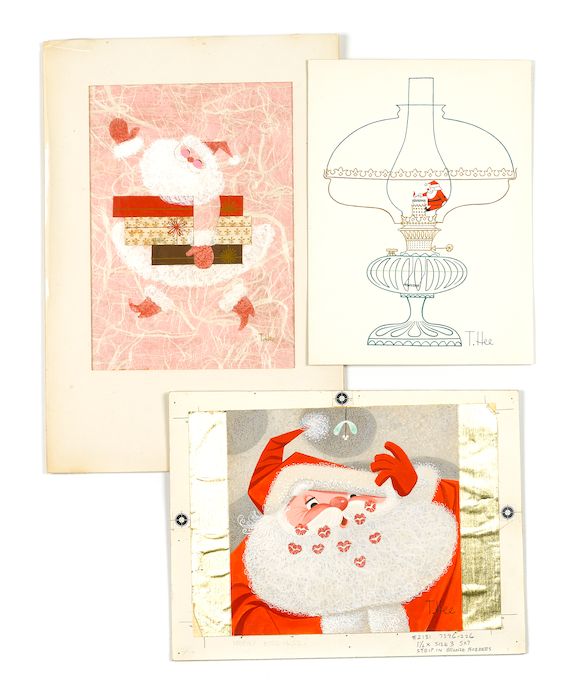 Bonhams : A group of three T. Hee watercolor and collage Christmas card ...