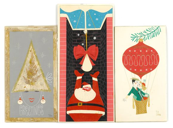 Bonhams : A group of three T. Hee watercolor and collage Christmas card ...