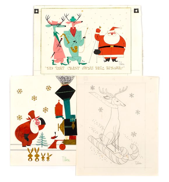 Bonhams : A group of three T. Hee watercolor and collage Christmas card ...