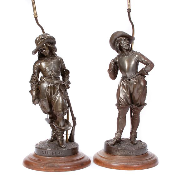 Bonhams : A pair of French patinated bronze figures depicting Gil Blas and Rolando, now mounted ...