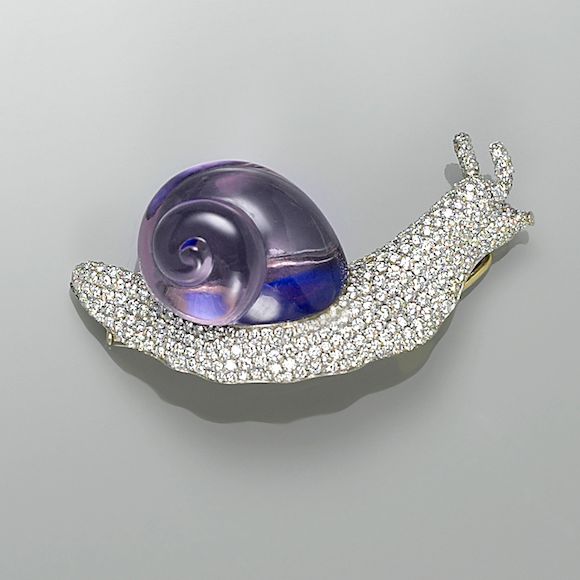Bonhams : Carved Amethyst, Lapis and Diamond Brooch