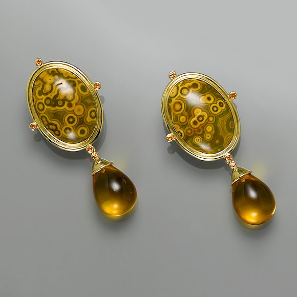 Bonhams : Unique Orbicular Jasper and Amber Earrings