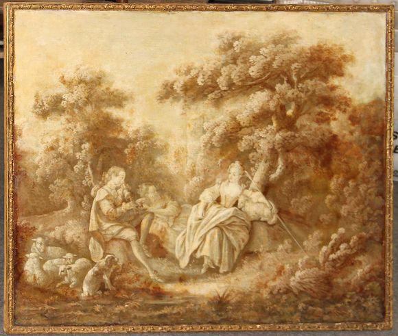 Bonhams : A Louis XV style canvas overdoor of a fête gallant in sepia ...