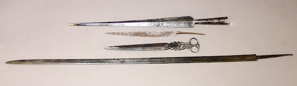 Bonhams : A lot of four edged weapons early scissors, sword blade ...