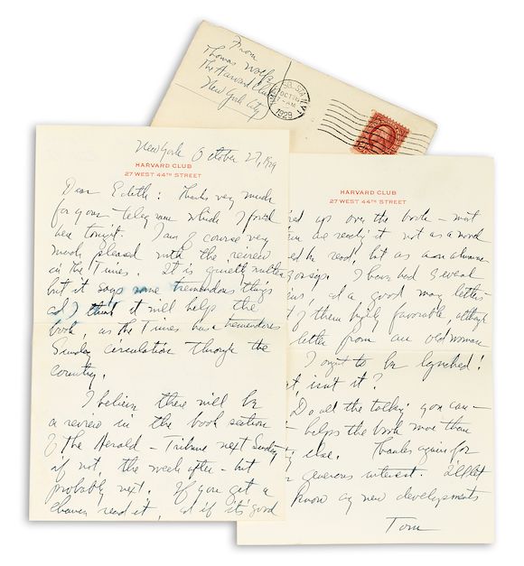 Bonhams : WOLFE, THOMAS. 1900-1938. Autograph Letter Signed ("Tom"), 3 ...
