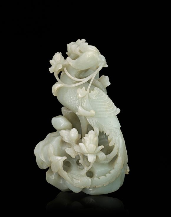Bonhams : A greenish-white nephrite carving of a phoenix and rocks 19th ...