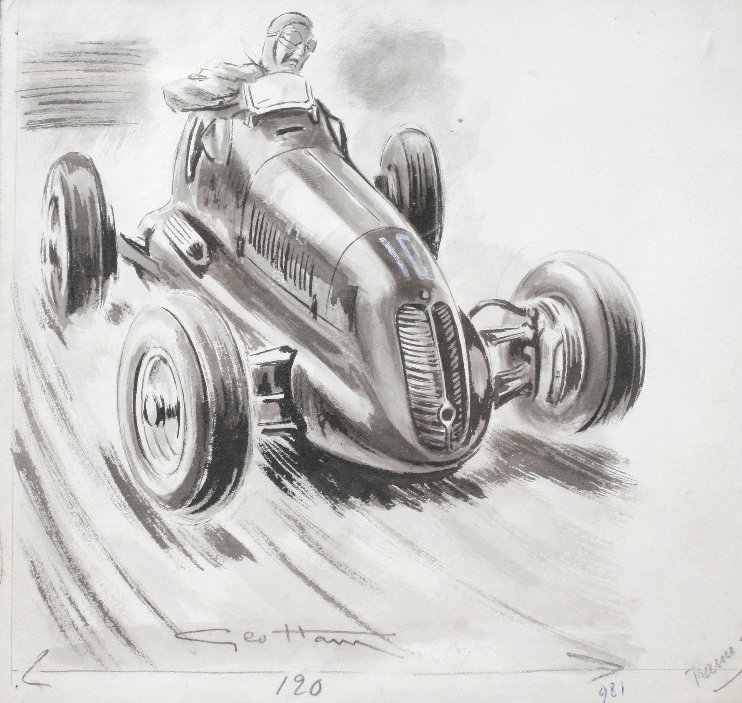 Bonhams Cars : An original Geo Ham race car illustration,