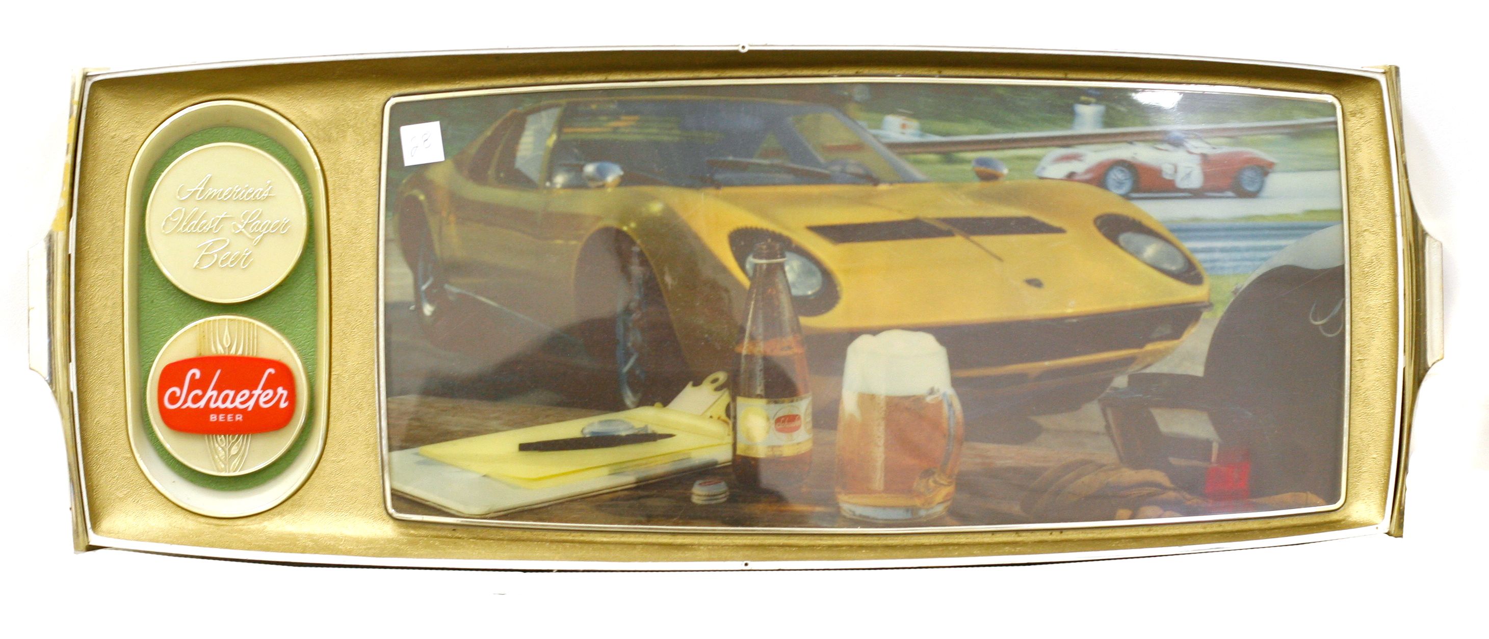 Bonhams Cars : An illuminated Schaeffer beer sign with a Lamborghini Muria.