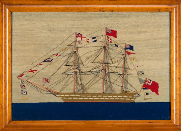 Bonhams : A British woolwork picture of a ship of the line under full ...