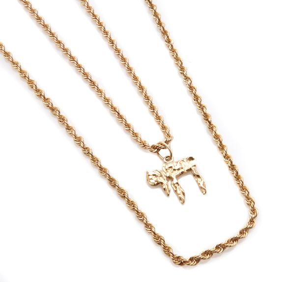 Bonhams : Two 14k gold rope chains and a chai pendant