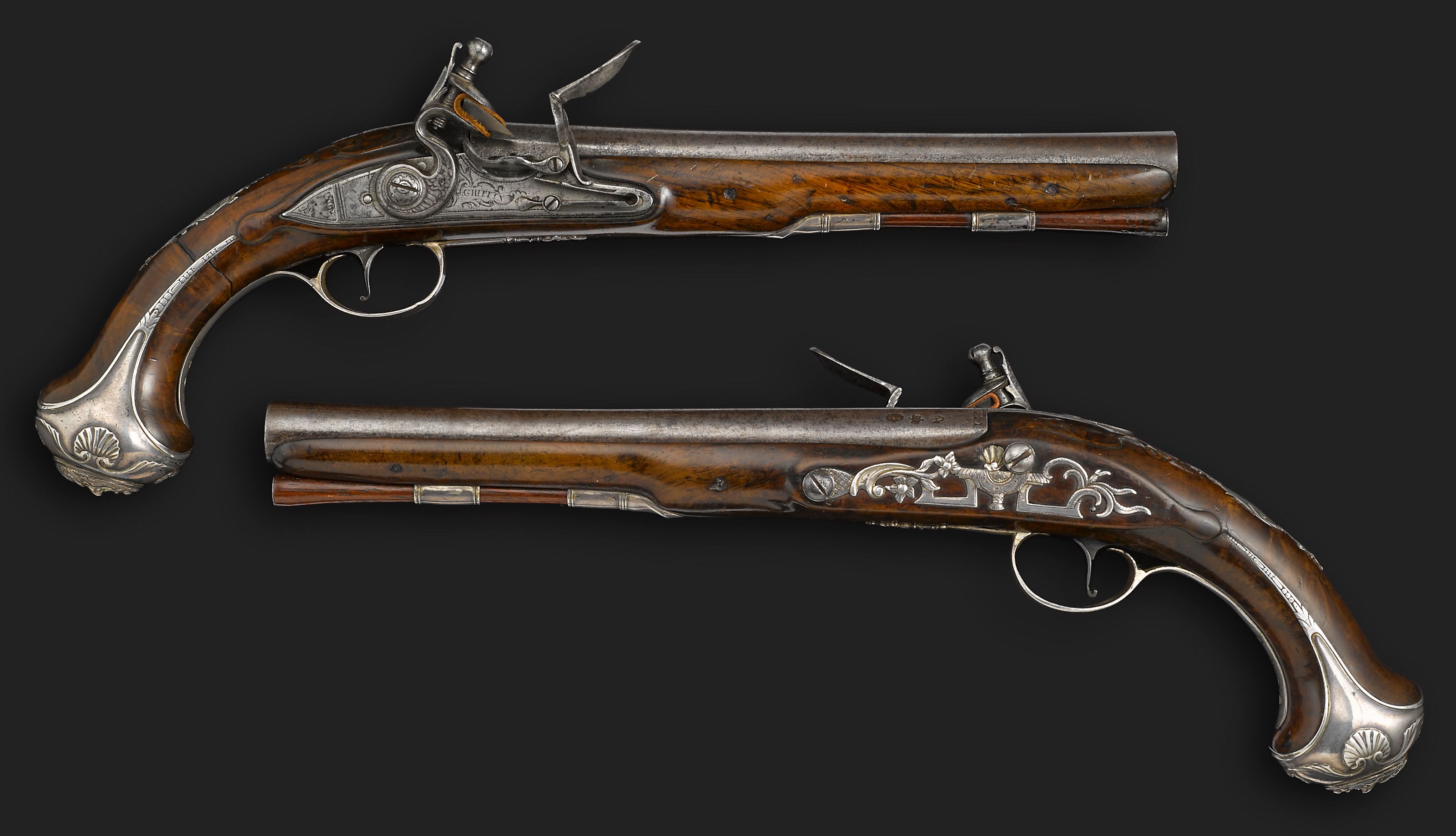 Bonhams : A fine pair of silver mounted flintlock pistols by Griffin ...