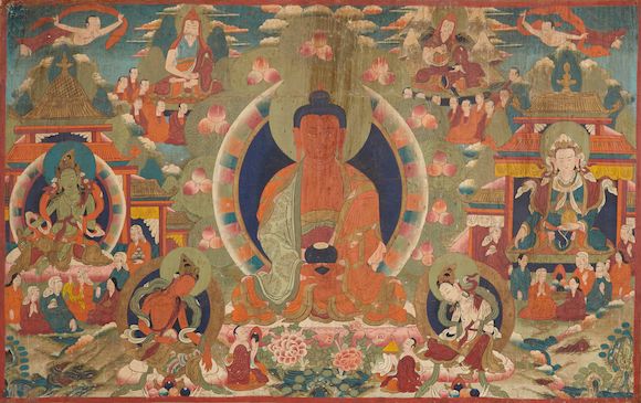 Bonhams : A thangka with Shakyamuni Buddha, Tara and a Tibetan king