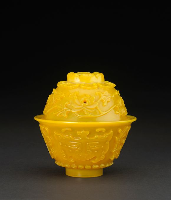 Bonhams : A yellow Peking glass covered bowl Qianlong mark and of the ...