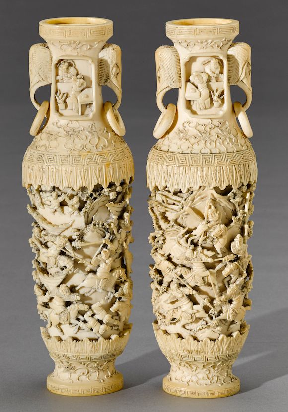 Bonhams : A pair of carved and pieced ivory vases Late Qing dynasty