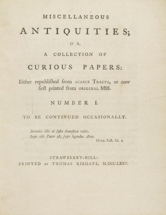 Bonhams : WALPOLE, HORACE. Miscellaneous Antiquities; Or, a Collection ...