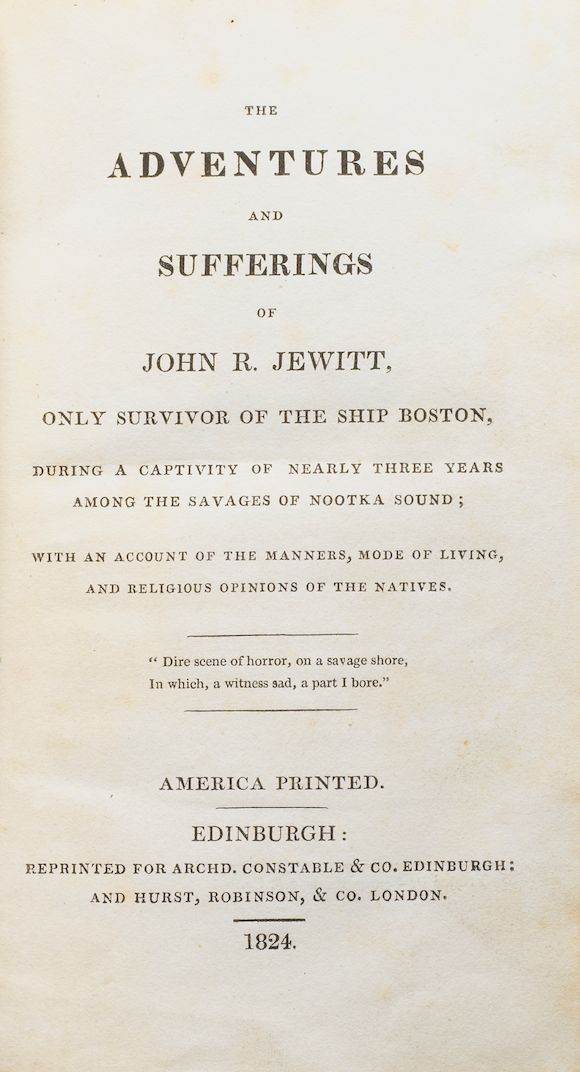 Bonhams : JEWITT, JOHN RODGERS. 1783-1821. 1. Narrative of the ...