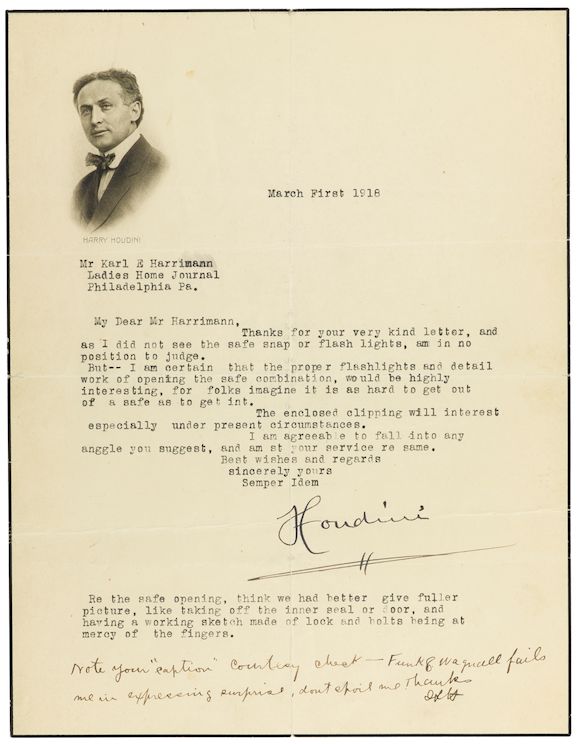 Bonhams : HOUDINI, HARRY. 1874-1926. Typed Letter Signed (Houdini)