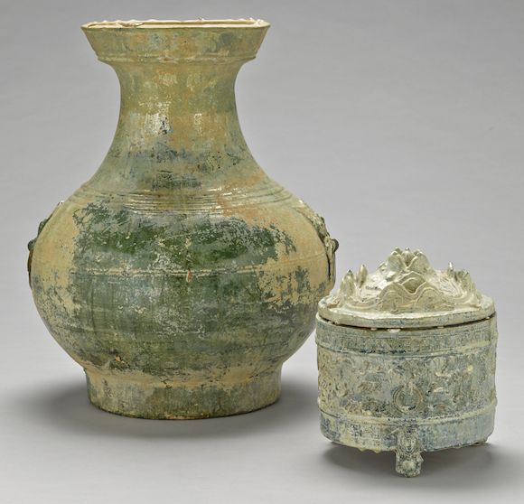 Bonhams : Two green glazed funerary pottery vessels Han Dynasty