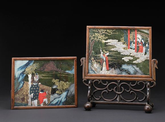 Bonhams : A pair of green hardstone rectangular plaques with painted ...