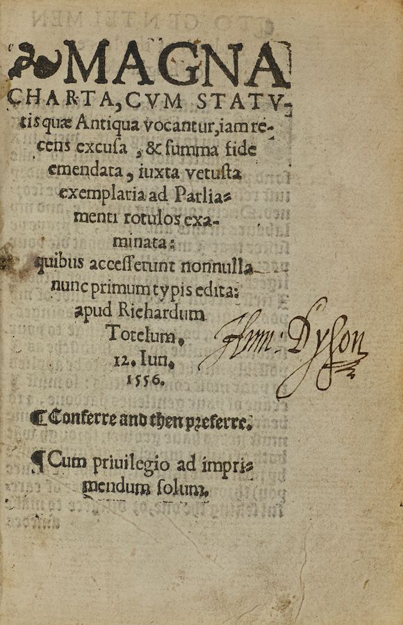 Bonhams : MAGNA CARTA. Magna Charta, cum statutis quæ antiqua vocantur ...