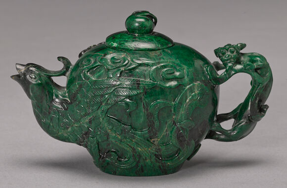 Bonhams : A small chloromelanite covered ewer Late Qing dynasty