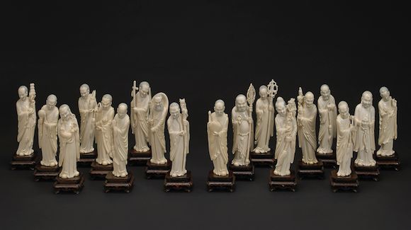 Bonhams : A carved ivory set of the Eighteen Luohan