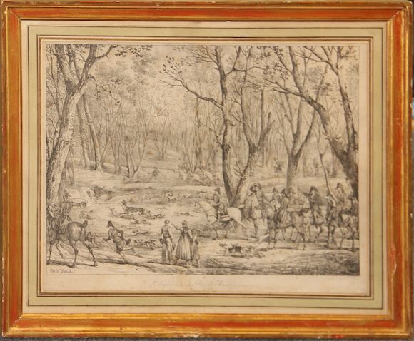 Bonhams : Three French prints depicting hunting scenes 18th century
