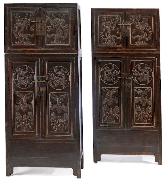 Bonhams : A pair of lacquered yumu cupboards 19th century