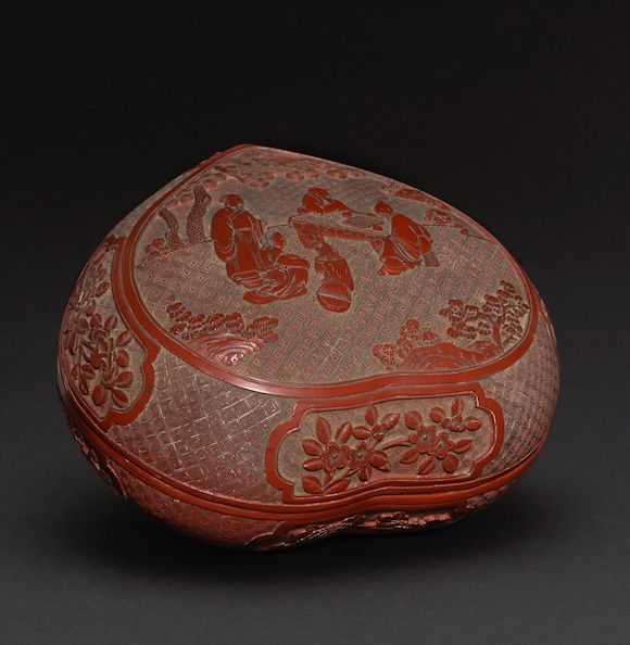 Bonhams : A carved cinnabar lacquer peach-form box and cover Late Qing ...