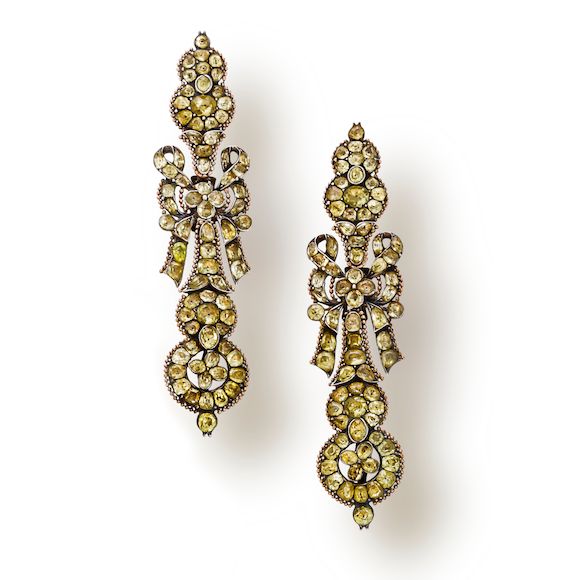 Bonhams : A pair of antique chrysoberyl pendeloque earrings,