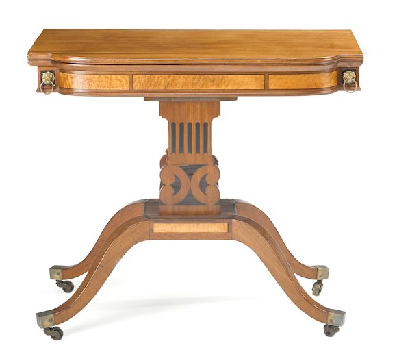Bonhams : An Empire fold over games table on lyre form base first ...