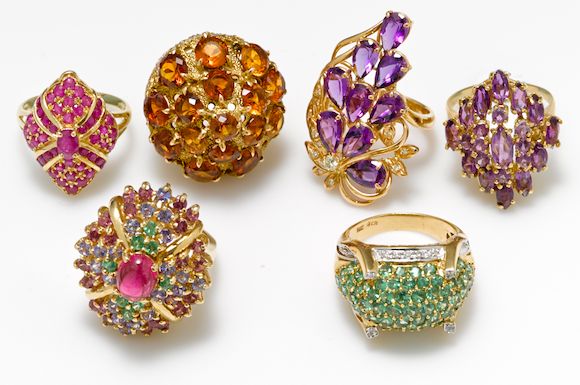 Bonhams : A collection of six gem-set, diamond and 14k gold rings